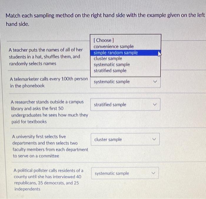Solved Match each sampling method on the right hand side | Chegg.com