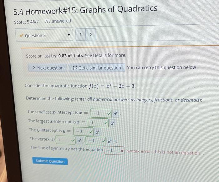 Solved 5.4 Homework#15: Graphs of Quadratics Score: 5.46/7 | Chegg.com