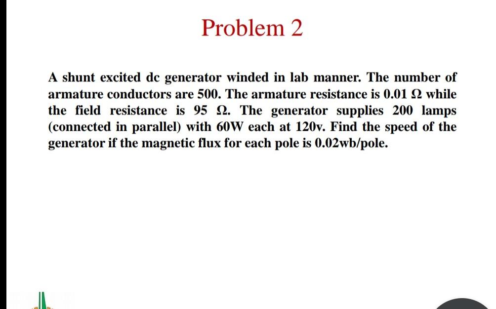 Solved Problem 2 A shunt excited de generator winded in lab | Chegg.com