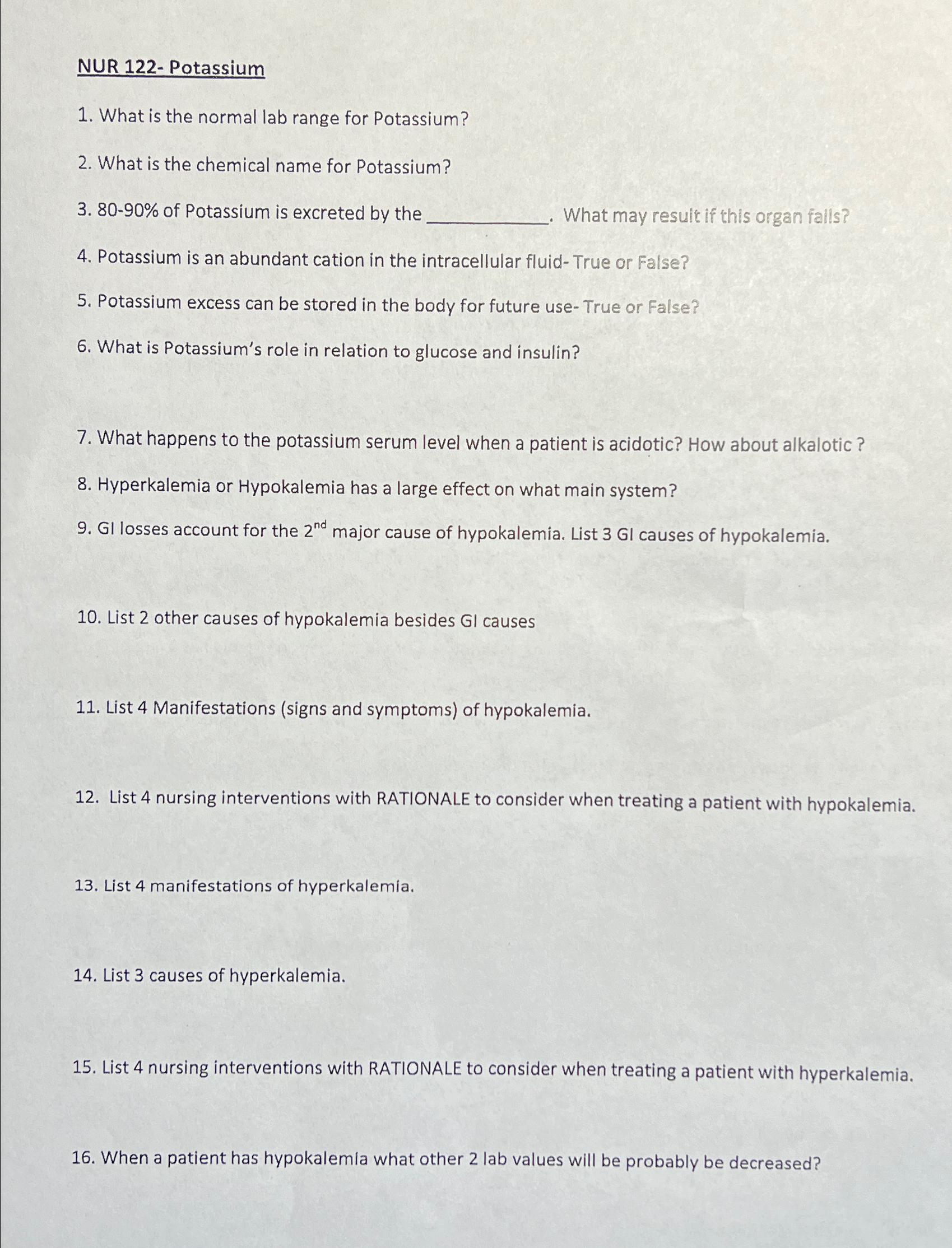 Solved NUR 122- ﻿PotassiumWhat is the normal lab range for | Chegg.com