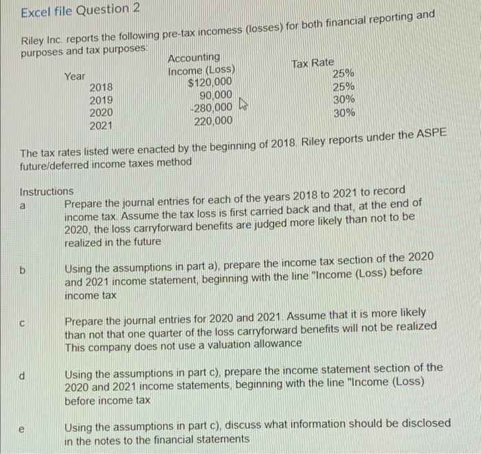Solved Excel file Question 2 Riley Inc reports the following | Chegg.com