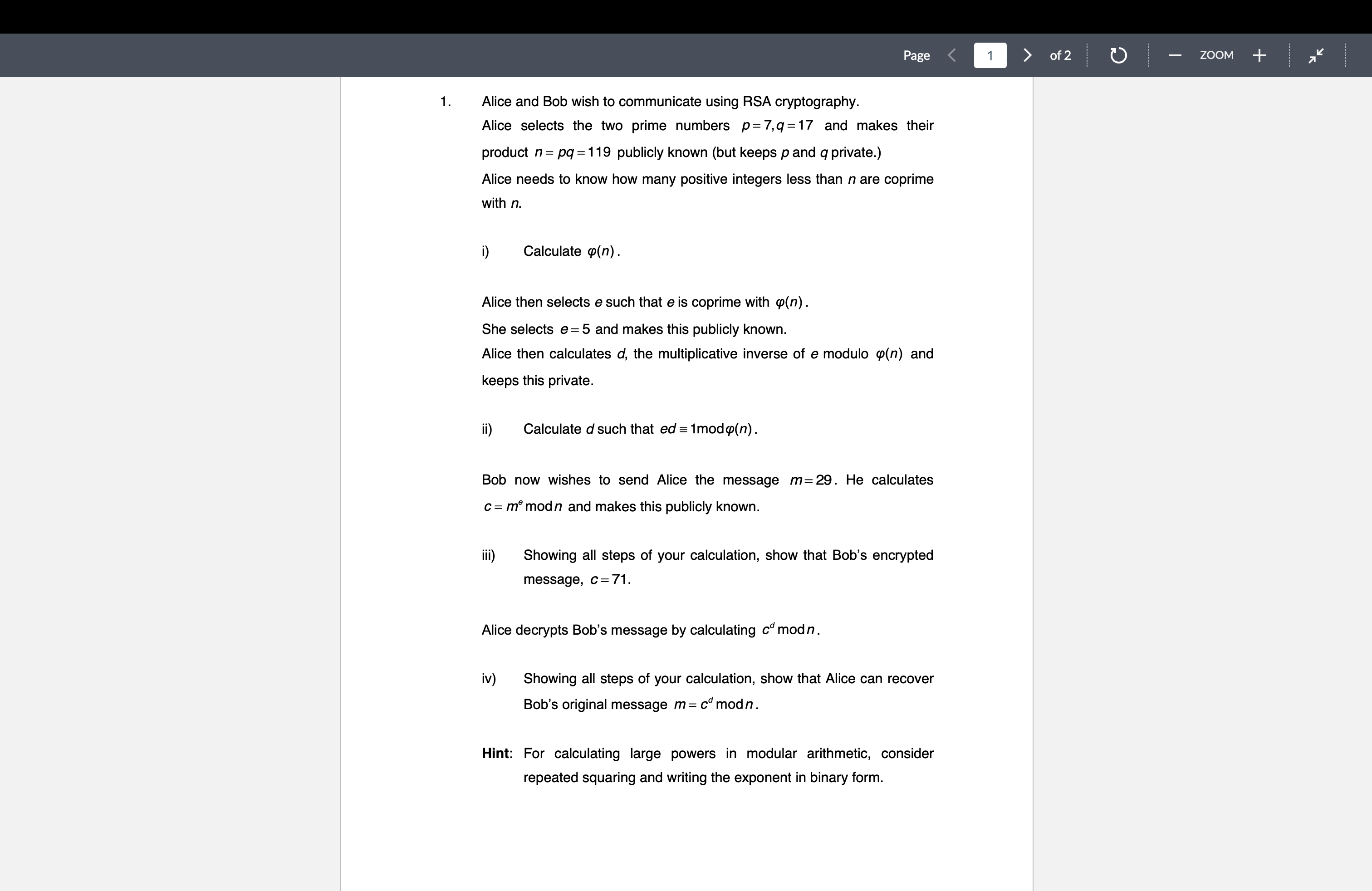 Solved Alice and Bob wish to communicate using RSA | Chegg.com