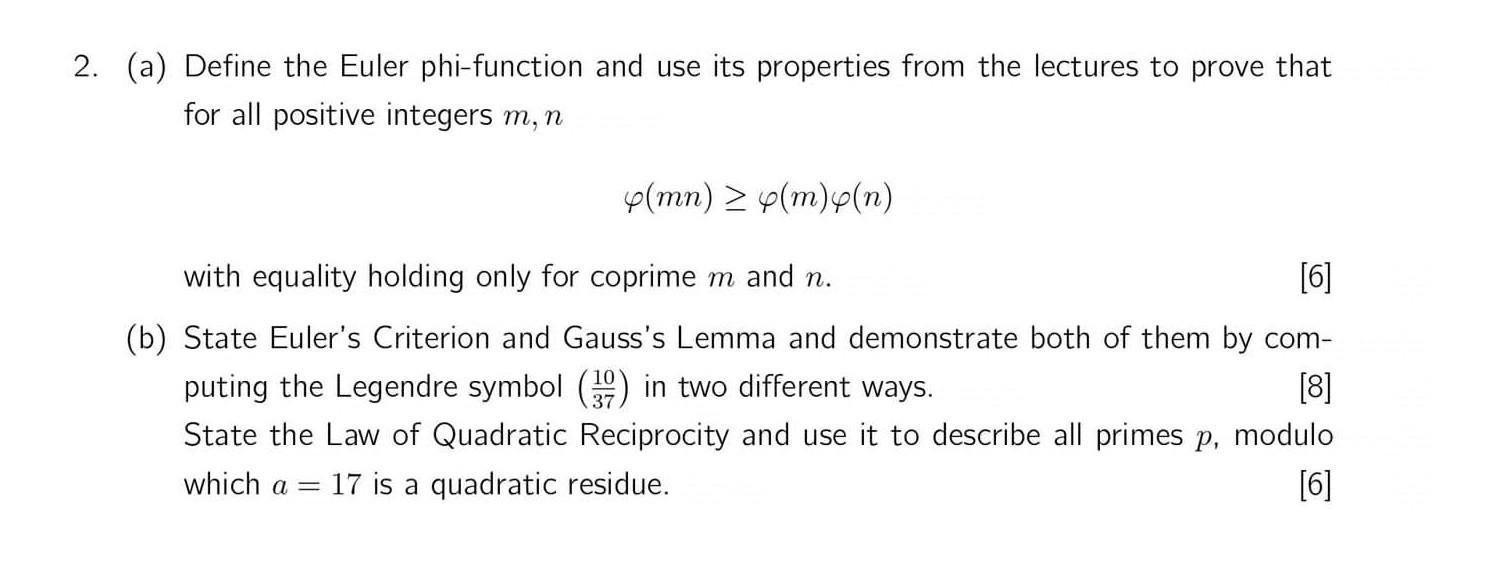 2. (a) Define the Euler phi-function and use its | Chegg.com
