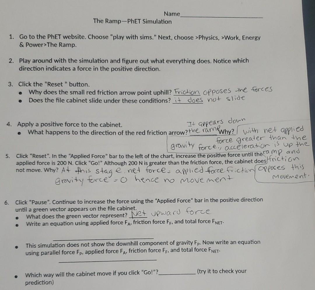 Solved Name The Ramp-PhET Simulation 1. Go to the PhET | Chegg.com