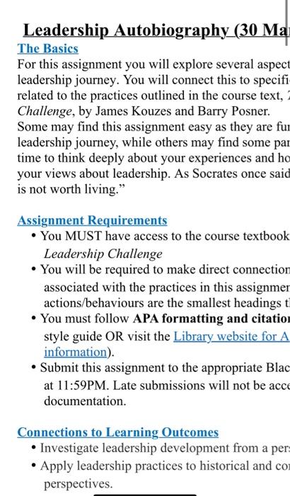 Leadership Autobiography (30 Ma The Basics For this | Chegg.com