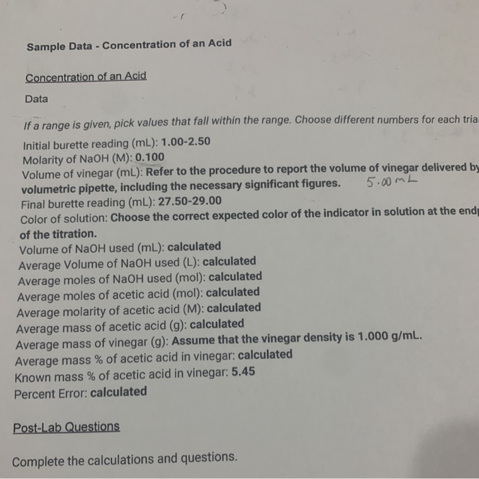 Solved Sample Data - Concentration of an Acid Concentration | Chegg.com