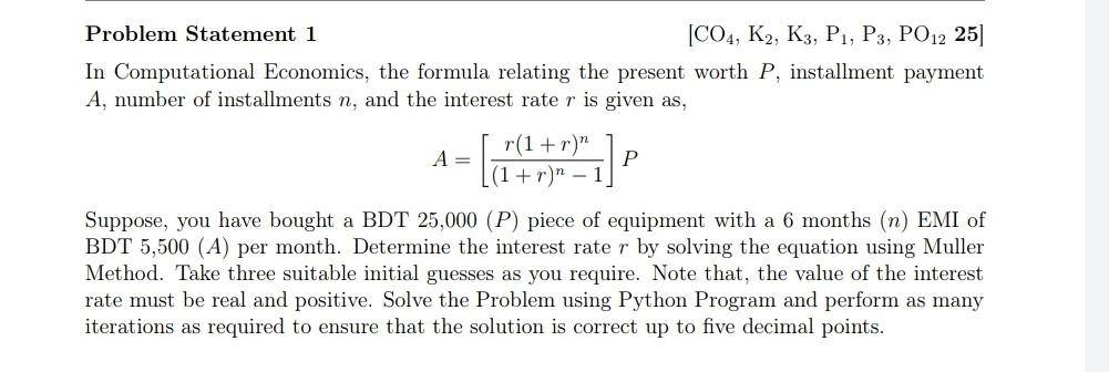 Solved Problem Statement 1 [CO4, K2, K3,P1,P3,PO1225] In | Chegg.com