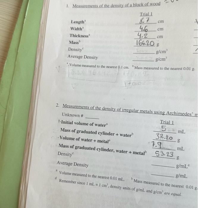 Solved 1. Measurements of the density of a block of wood | Chegg.com