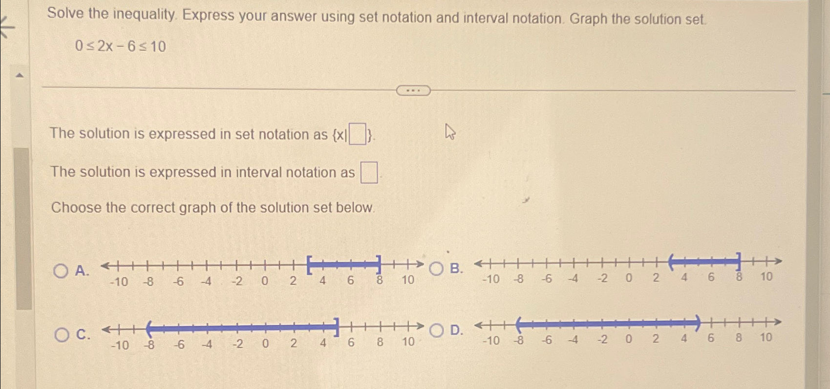 Solve the inequality. Express your answer using set | Chegg.com