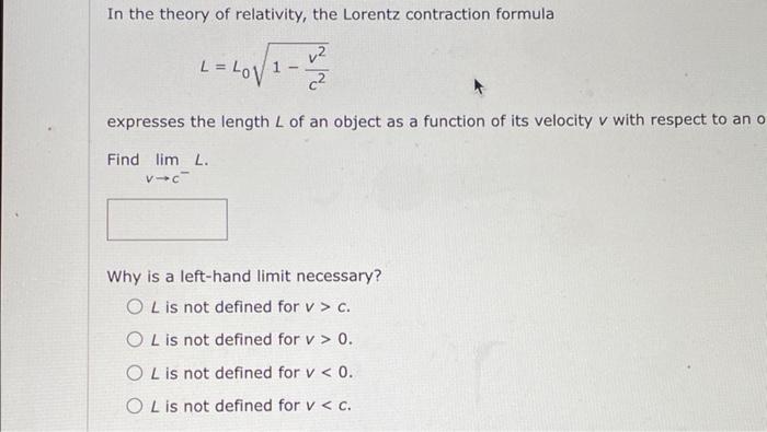 Solved In the theory of relativity, the Lorentz contraction | Chegg.com