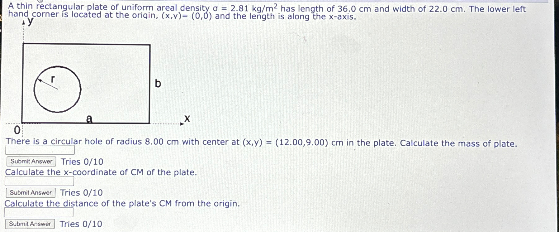 Solved A thin rectangular plate of uniform areal density | Chegg.com
