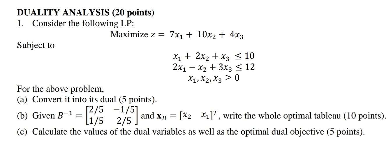Solved DUALITY ANALYSIS (20 ﻿points)Consider the following | Chegg.com