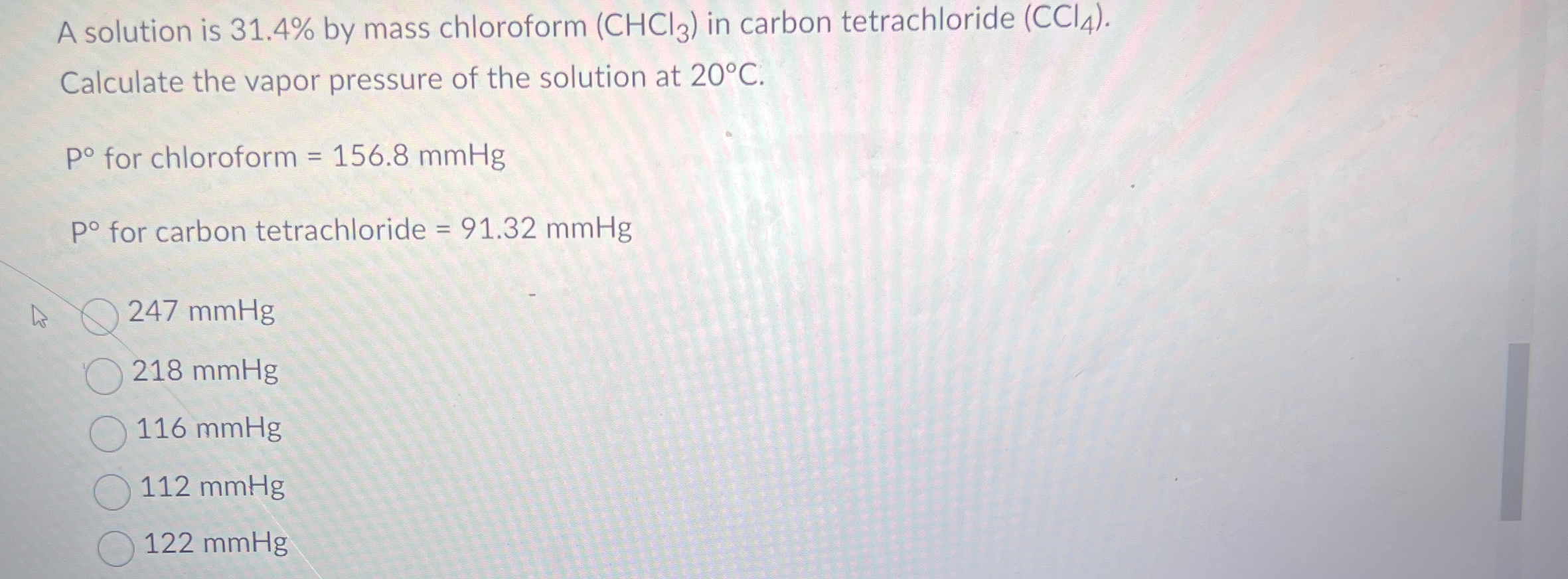 Solved A solution is 31.4% ﻿by mass chloroform (CHCl3) ﻿in | Chegg.com