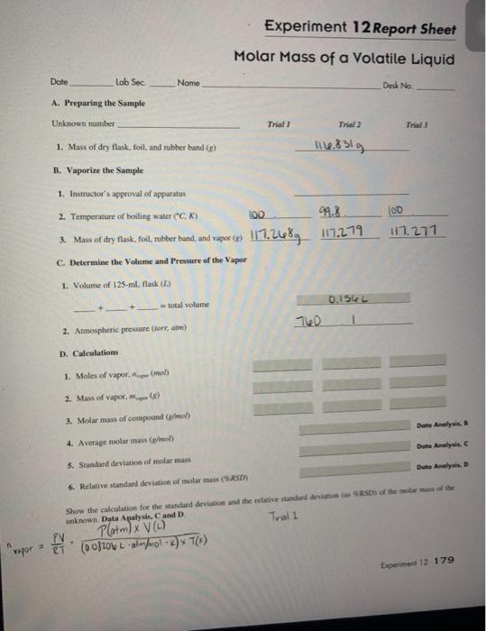 Solved Experiment 12 Report Sheet Molar Mass of a Volatile | Chegg.com