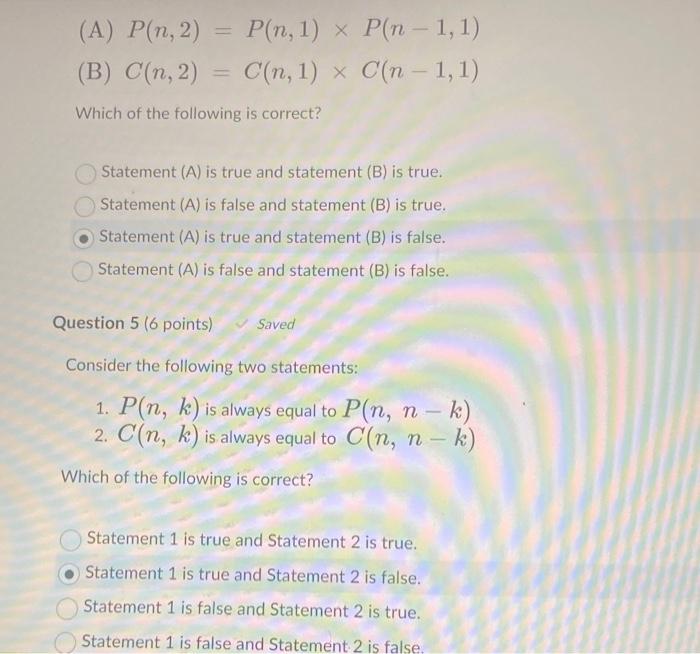 Solved (A) P(n,2)=P(n,1)×P(n−1,1) (B) C(n,2)=C(n,1)×C(n−1,1) | Chegg.com