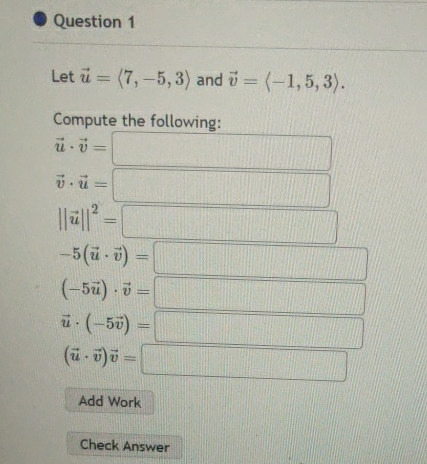 Solved Question 1Let vec(u)=(:7,-5,3:) ﻿and | Chegg.com