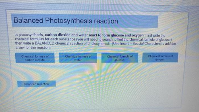 Solved Balanced Photosynthesis reaction In photosynthesis, | Chegg.com
