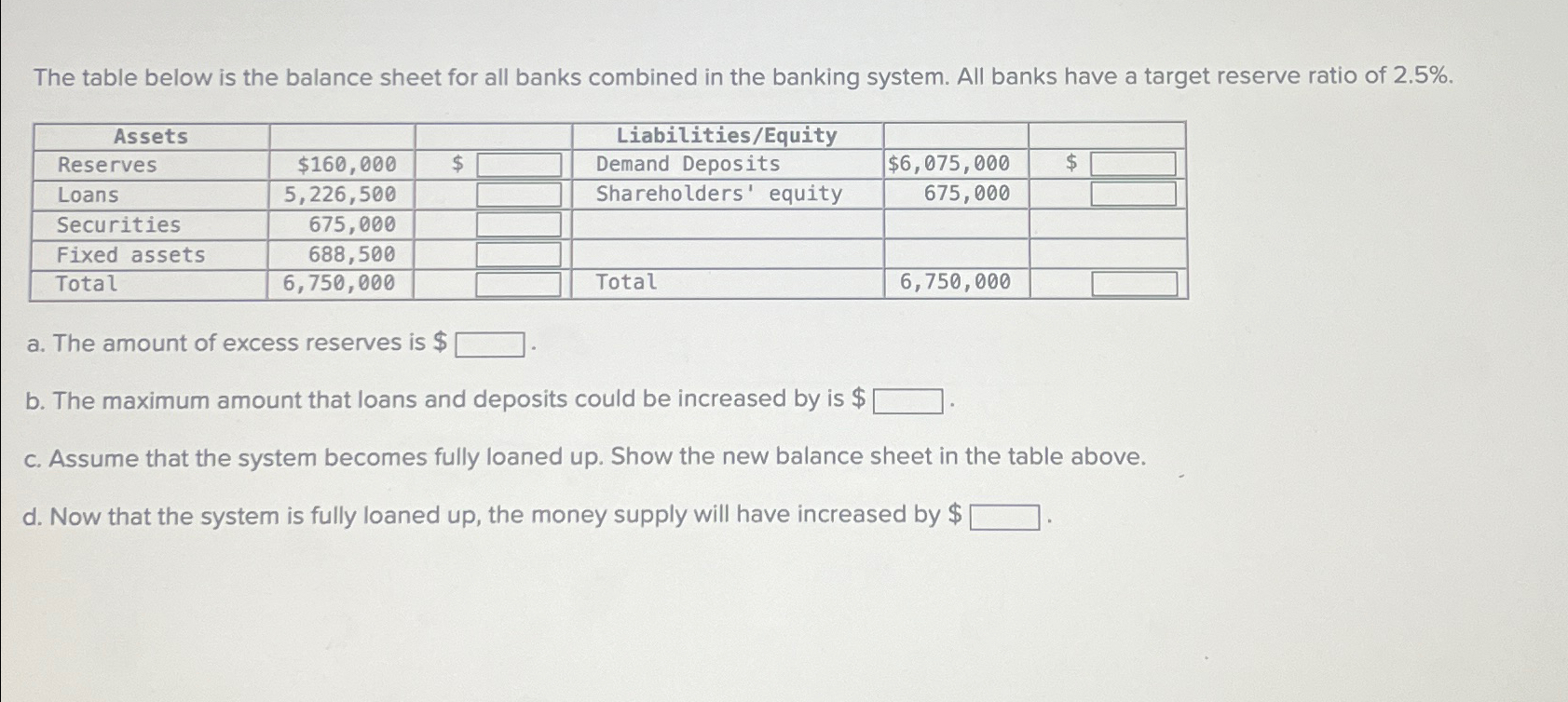 Solved The table below is the balance sheet for all banks | Chegg.com