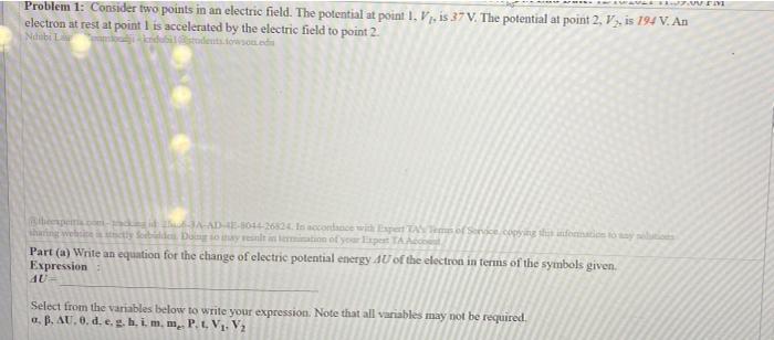 Solved UU Problem 1: Consider two points in an electric | Chegg.com