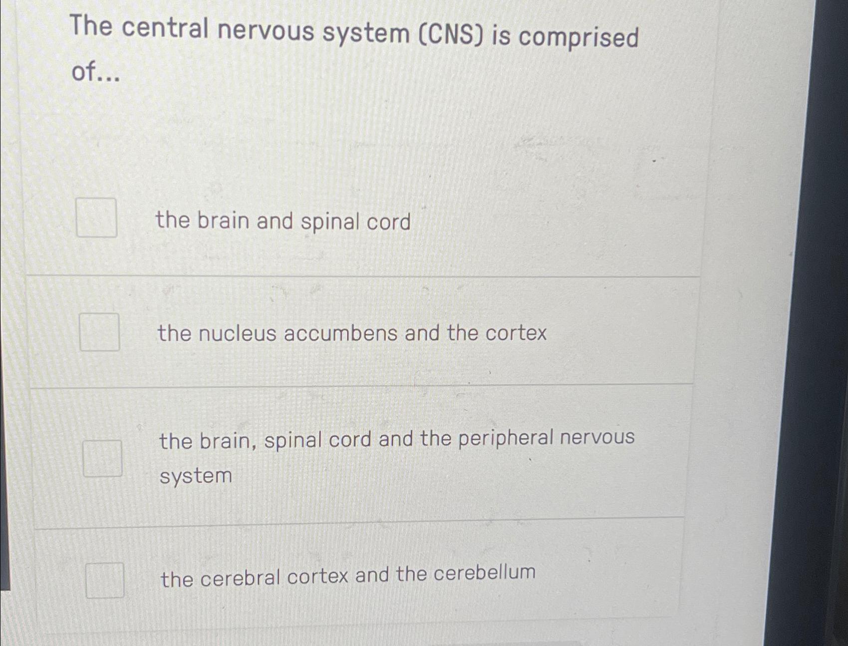 Solved The central nervous system (CNS) ﻿is comprised | Chegg.com