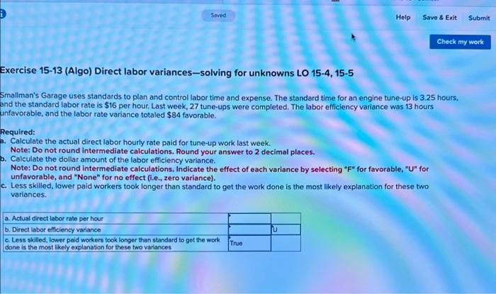 Solved Exercise 15-13 (Algo) Direct labor variances-solving | Chegg.com