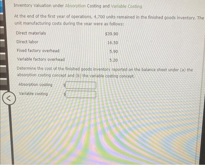 Solved Inventory Valuation under Absorption Costing and | Chegg.com