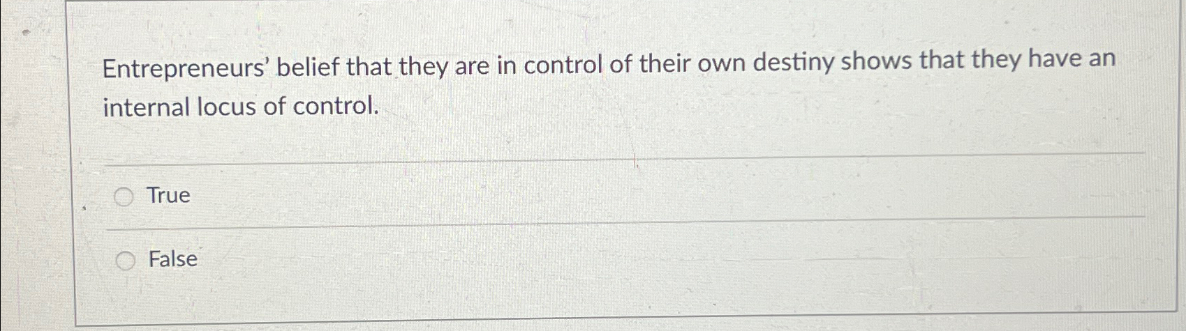 Solved Entrepreneurs' belief that they are in control of | Chegg.com
