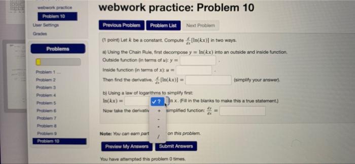 Solved webwork practice: Problem 10 tice Problem List ns | Chegg.com
