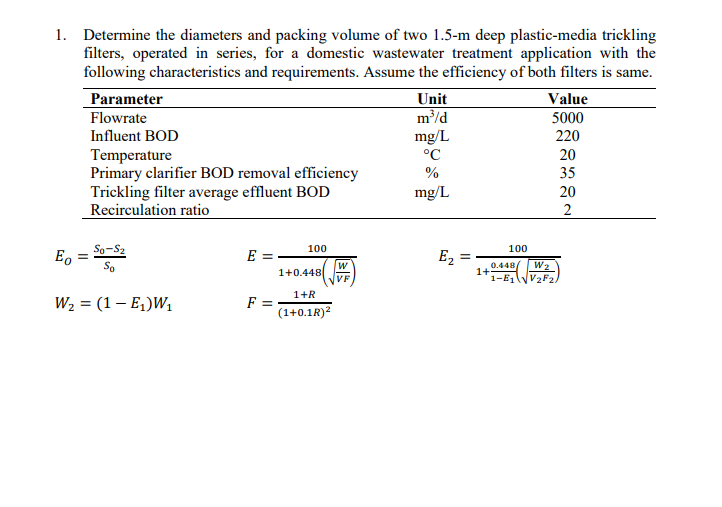 Solved W = ﻿BOD loading, kg/d (not including recycle)V = | Chegg.com
