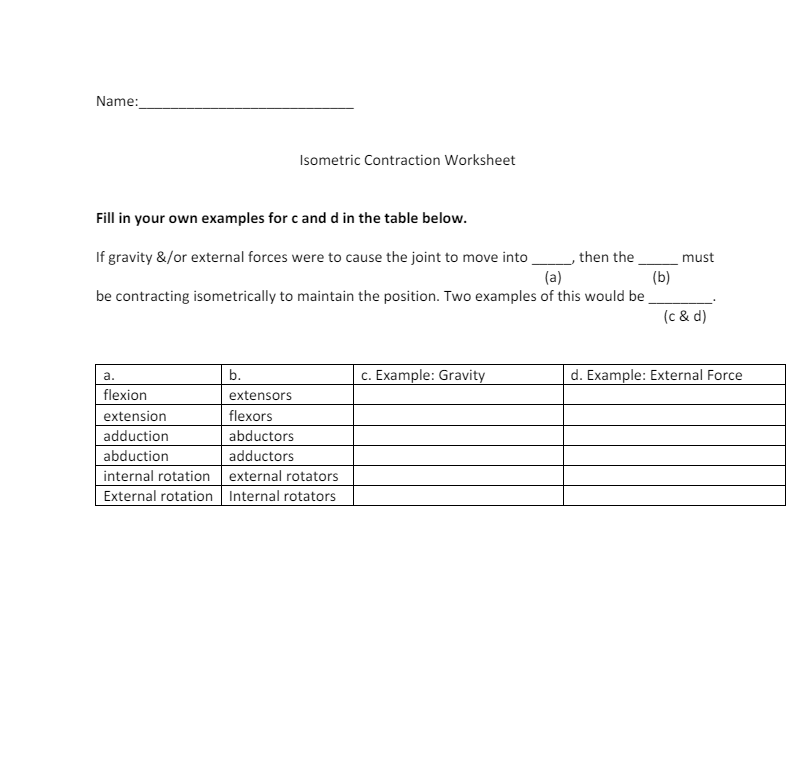 Solved NameIsometric Contraction WorksheetFill in your own | Chegg.com