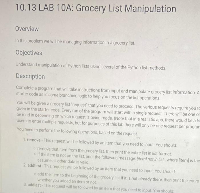 Solved 10 13 LAB 10A Grocery List Manipulation Overview In Chegg