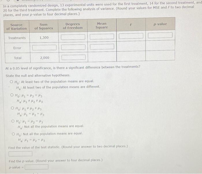 Solved In a completely randomized design, 13 experimental | Chegg.com