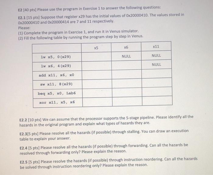 Solved program from exercise one:lw x5, 0(x29)lw x6, | Chegg.com