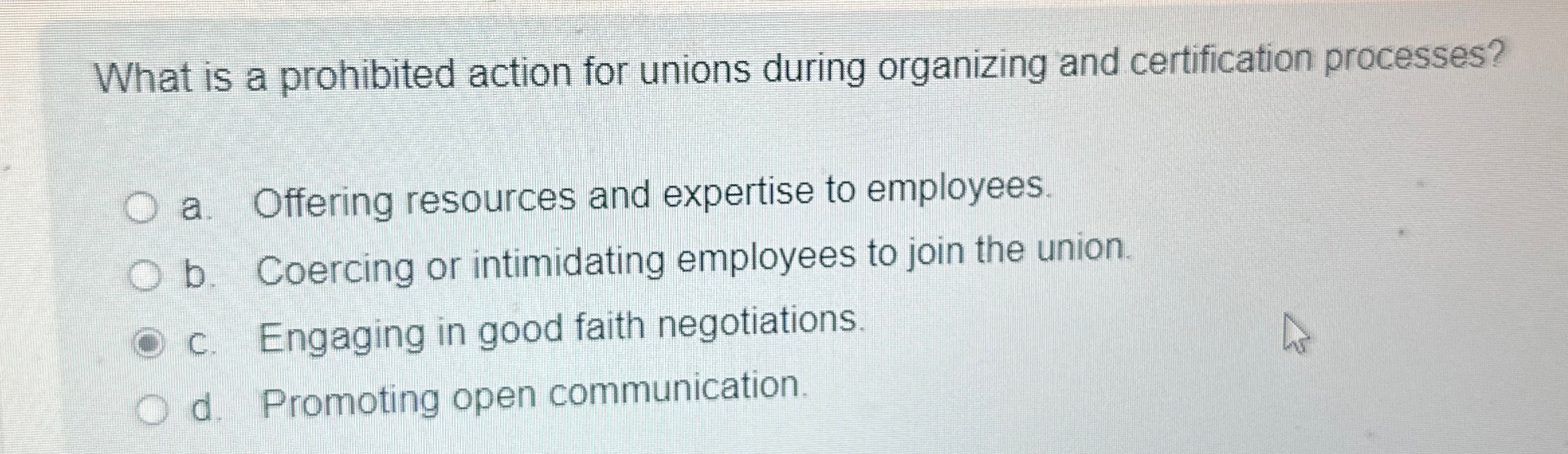 Solved What is a prohibited action for unions during | Chegg.com