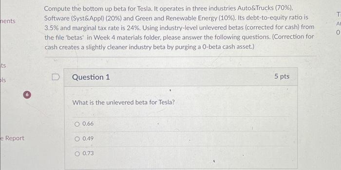 Solved Compute the bottom up beta for Tesla. It operates in | Chegg.com