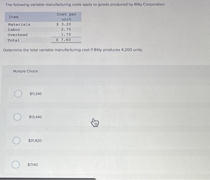 Solved The following variable manufacturing costs apply to | Chegg.com
