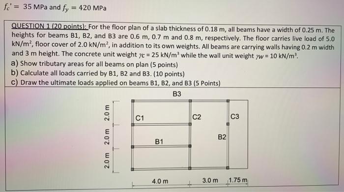 Solved fc' = 35 MPa and fy = 420 MPa QUESTION 1 (20 points): | Chegg.com