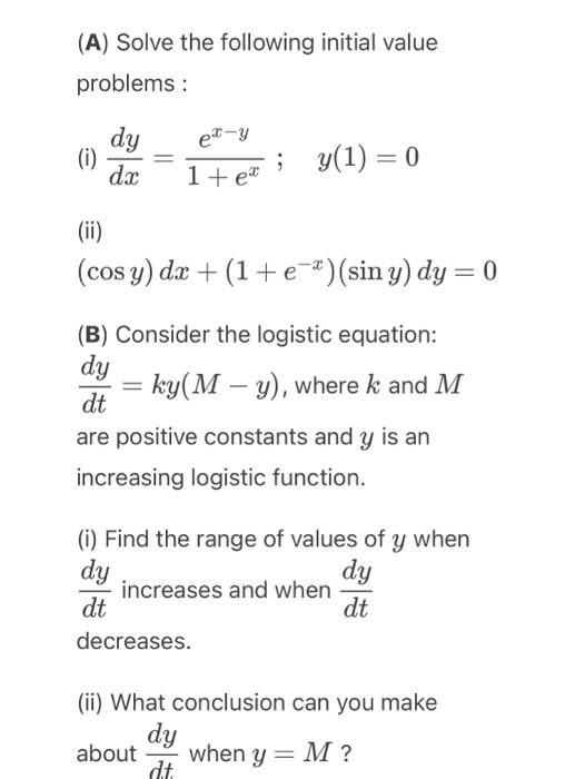 Solved (A) Solve the following initial value problems: (i) | Chegg.com