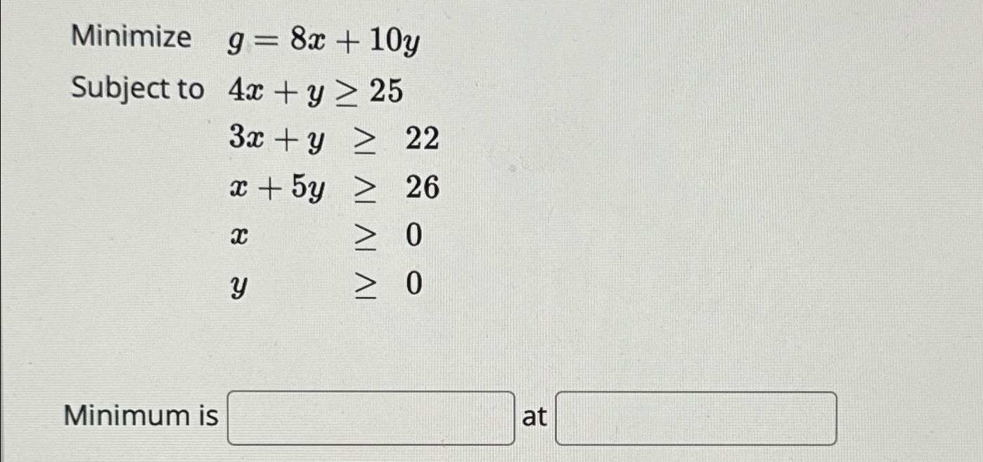 Solved Minimize g=8x+10y ﻿Subject | Chegg.com
