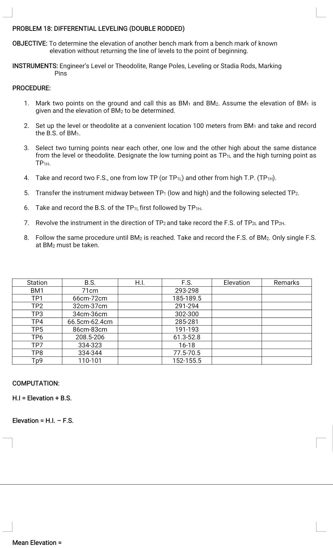 Solved PROBLEM 18: DIFFERENTIAL LEVELING (DOUBLE RODDED) | Chegg.com