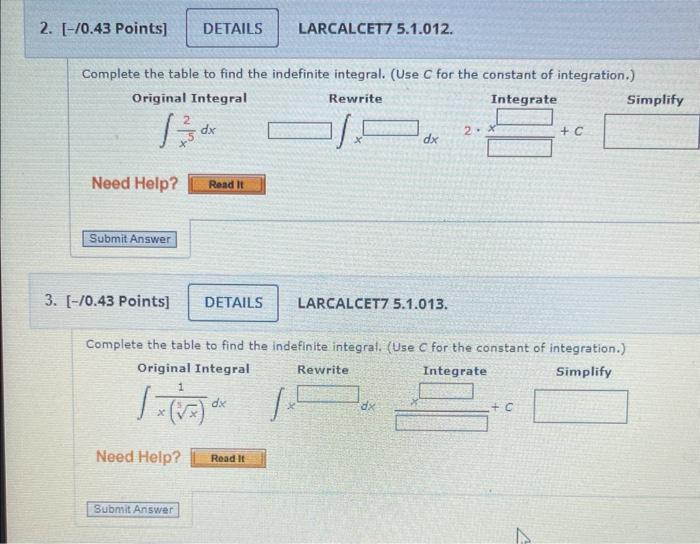Complete the table to find the indefinite integral. | Chegg.com