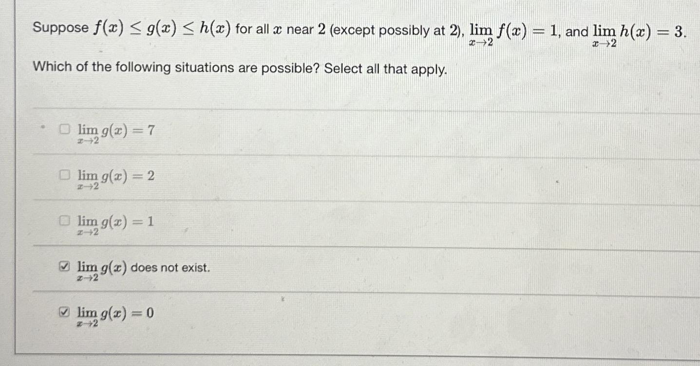 Solved Suppose f(x)≤g(x)≤h(x) ﻿for all x ﻿near 2 (except | Chegg.com