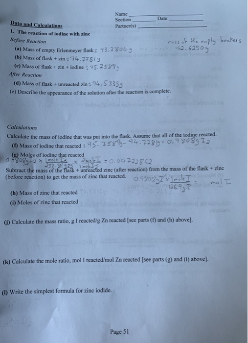 Solved Name Section Date Data and Calculations Partner(s) 1. | Chegg.com