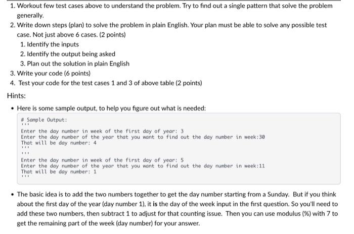 Solved Days of week are numbered as shown in below table: | Chegg.com