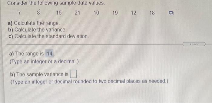 Solved 19 12 18 Consider the following sample data values. 7 | Chegg.com