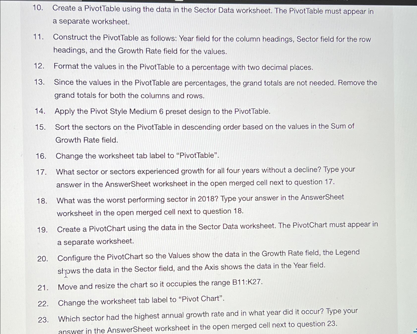 Solved Create a PivotTable using the data in the Sector Data | Chegg.com