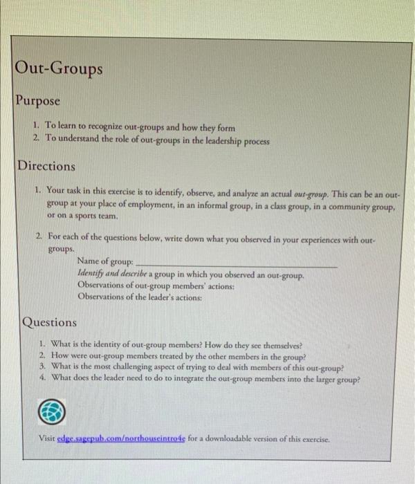 Purpose 1. To learn to recognize out-groups and how | Chegg.com