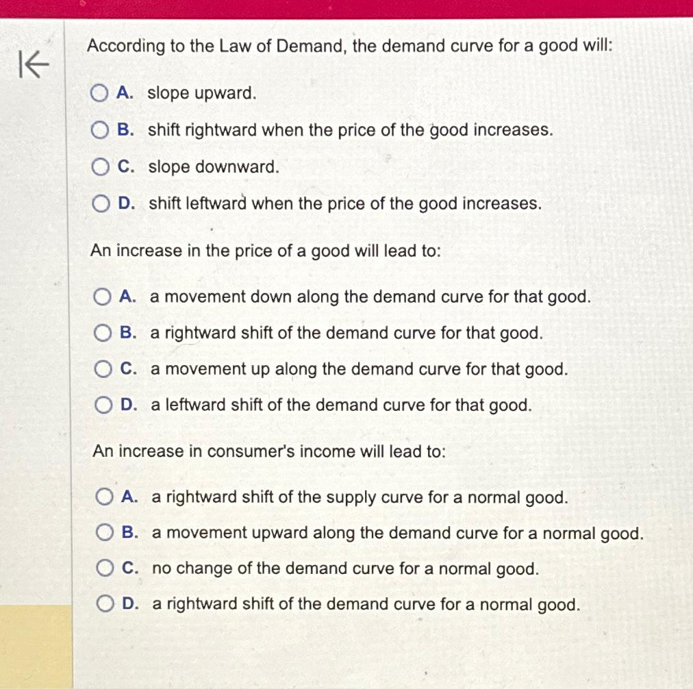 Solved According to the Law of Demand, the demand curve for | Chegg.com