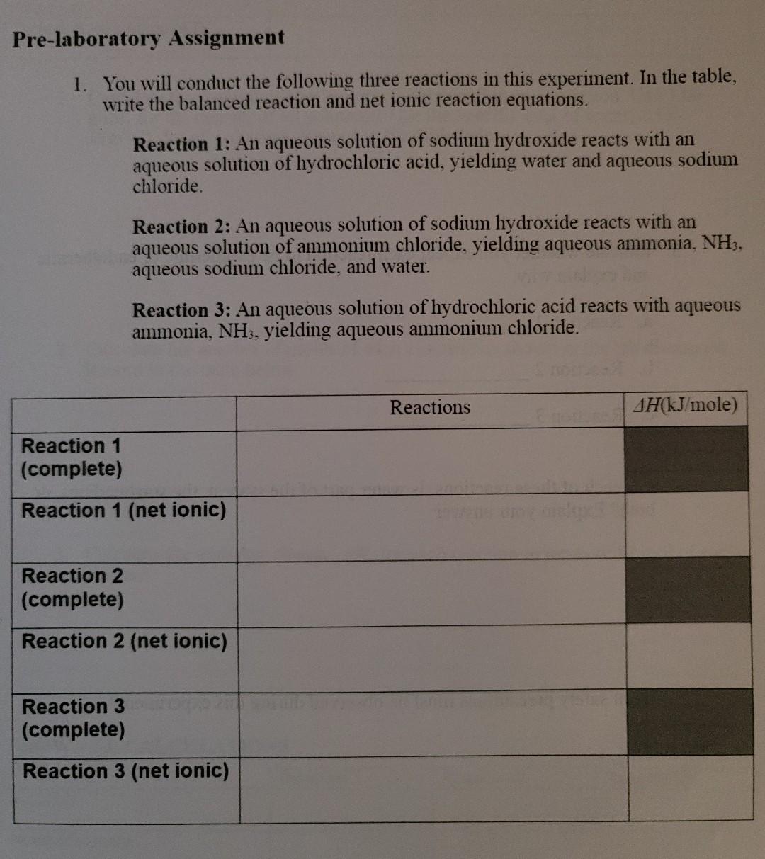 Solved Pre-laboratory Assignment Reaction 1 Reaction | Chegg.com