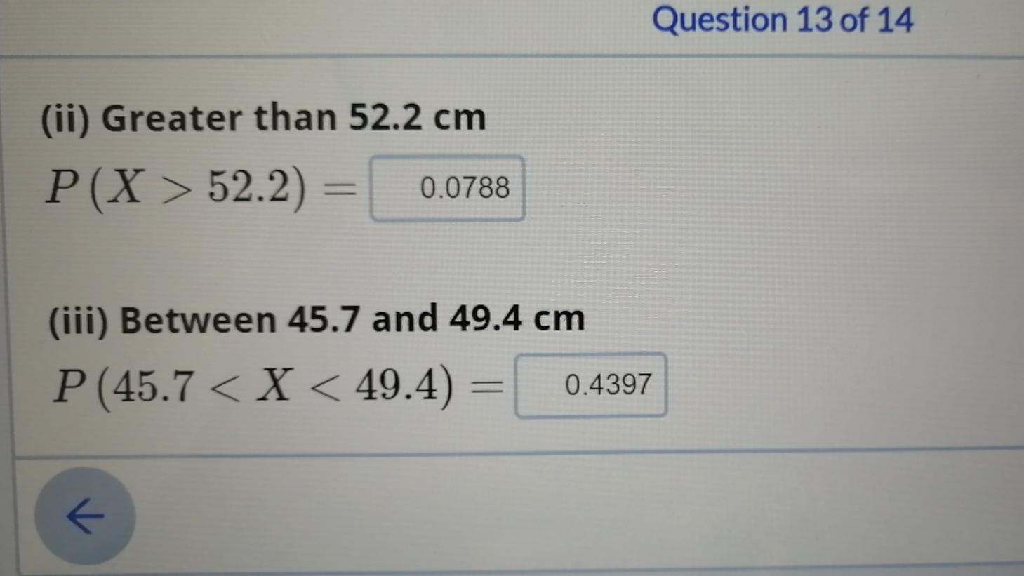 Solved Question 13 of 14 (ii) 98th percentile X = 0.00 cm | Chegg.com